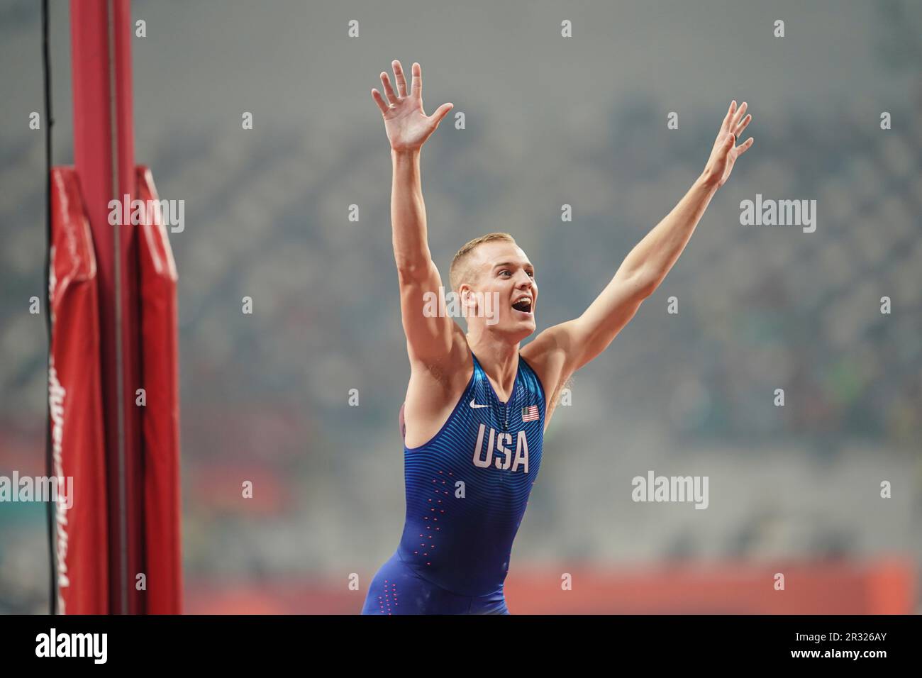 Sam Kendricks participating in the pole vault at the Doha 2019 World ...