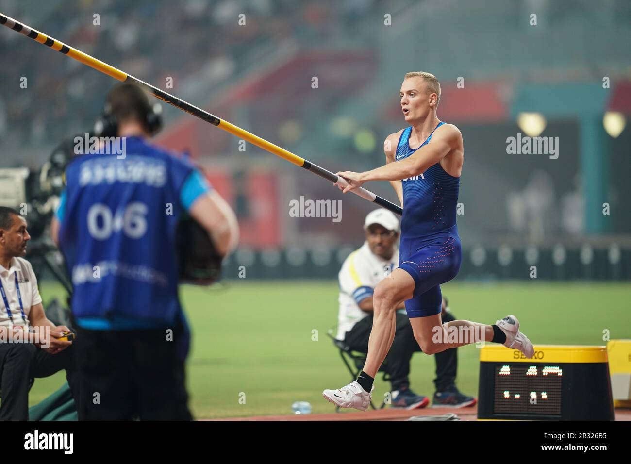 Sam Kendricks participating in the pole vault at the Doha 2019 World ...