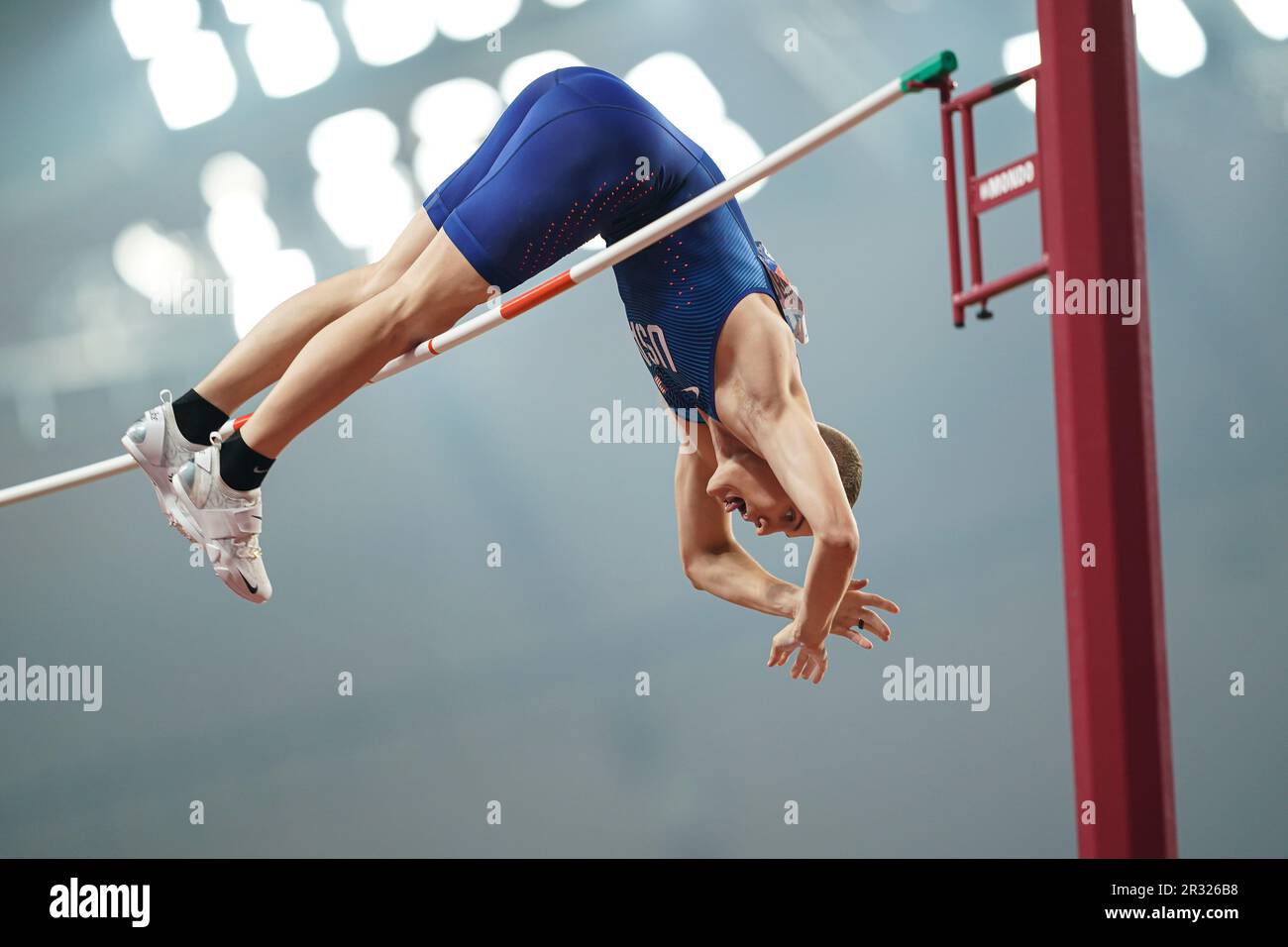 Sam Kendricks participating in the pole vault at the Doha 2019 World ...