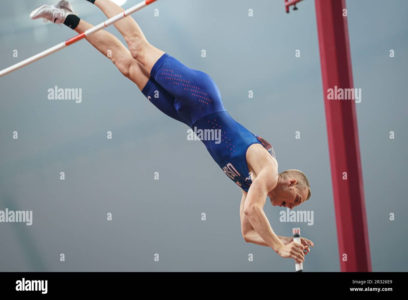 Sam Kendricks participating in the pole vault at the Doha 2019 World ...