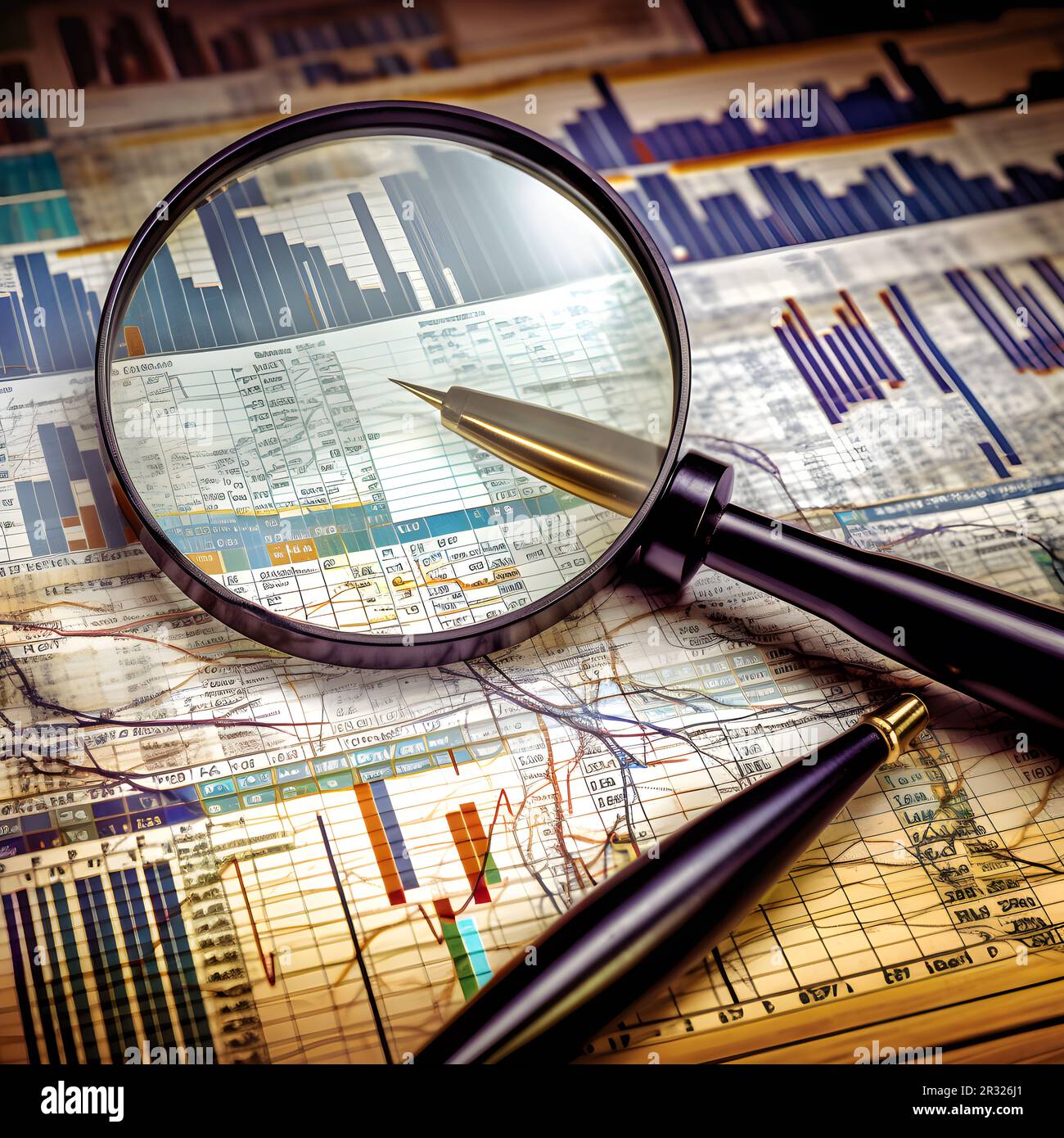 magnifying glass and financial graph Stock Photo - Alamy