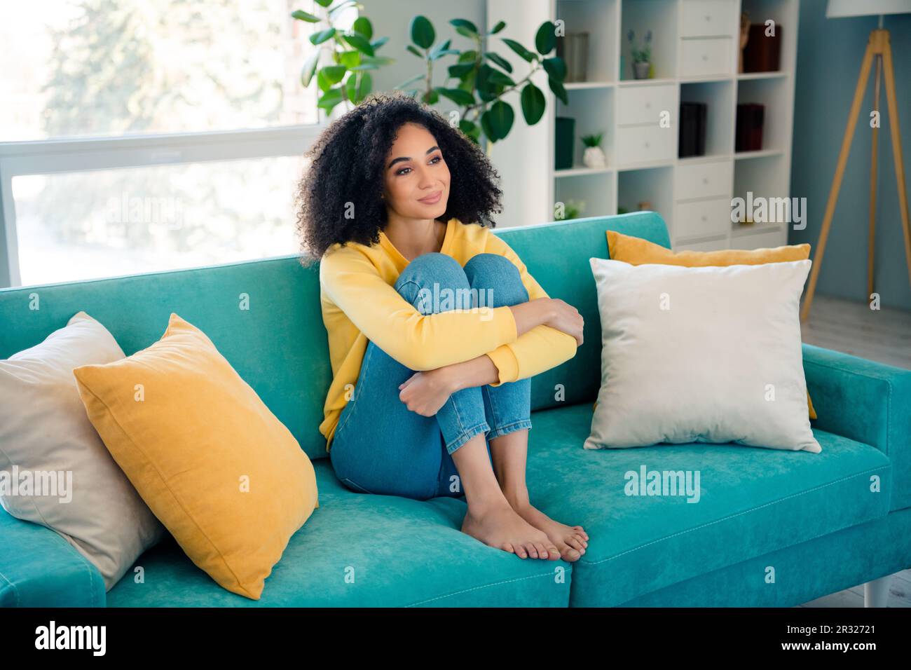 Photo of lovely adorable nice woman with perming coiffure wear yellow ...