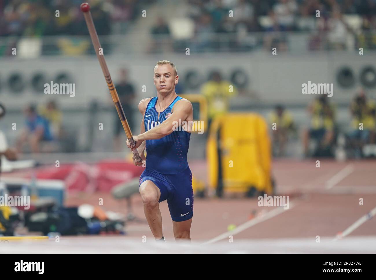 Sam Kendricks participating in the pole vault at the Doha 2019 World ...