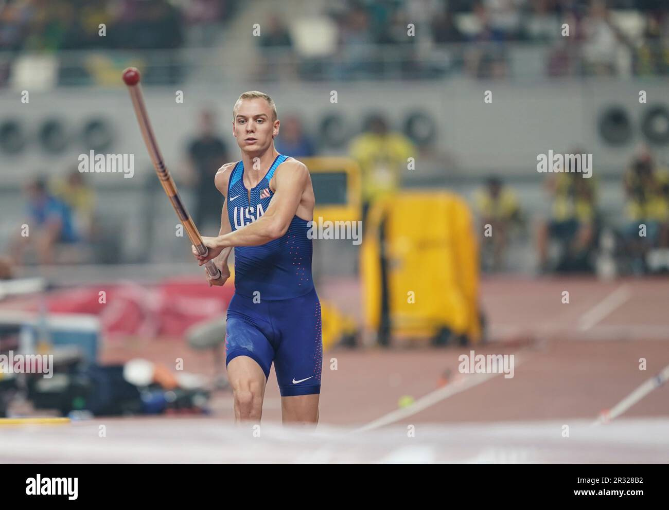 Sam Kendricks participating in the pole vault at the Doha 2019 World ...