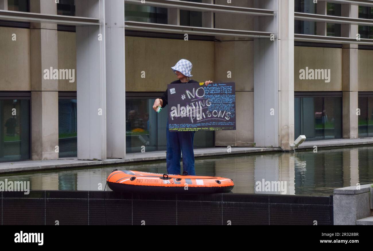 London, UK. 22nd May 2023. An activist from the pro-refugee ...