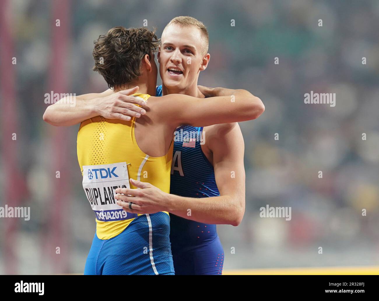 Sam Kendricks participating in the pole vault at the Doha 2019 World ...