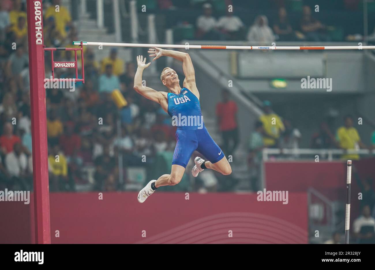 Sam Kendricks participating in the pole vault at the Doha 2019 World ...