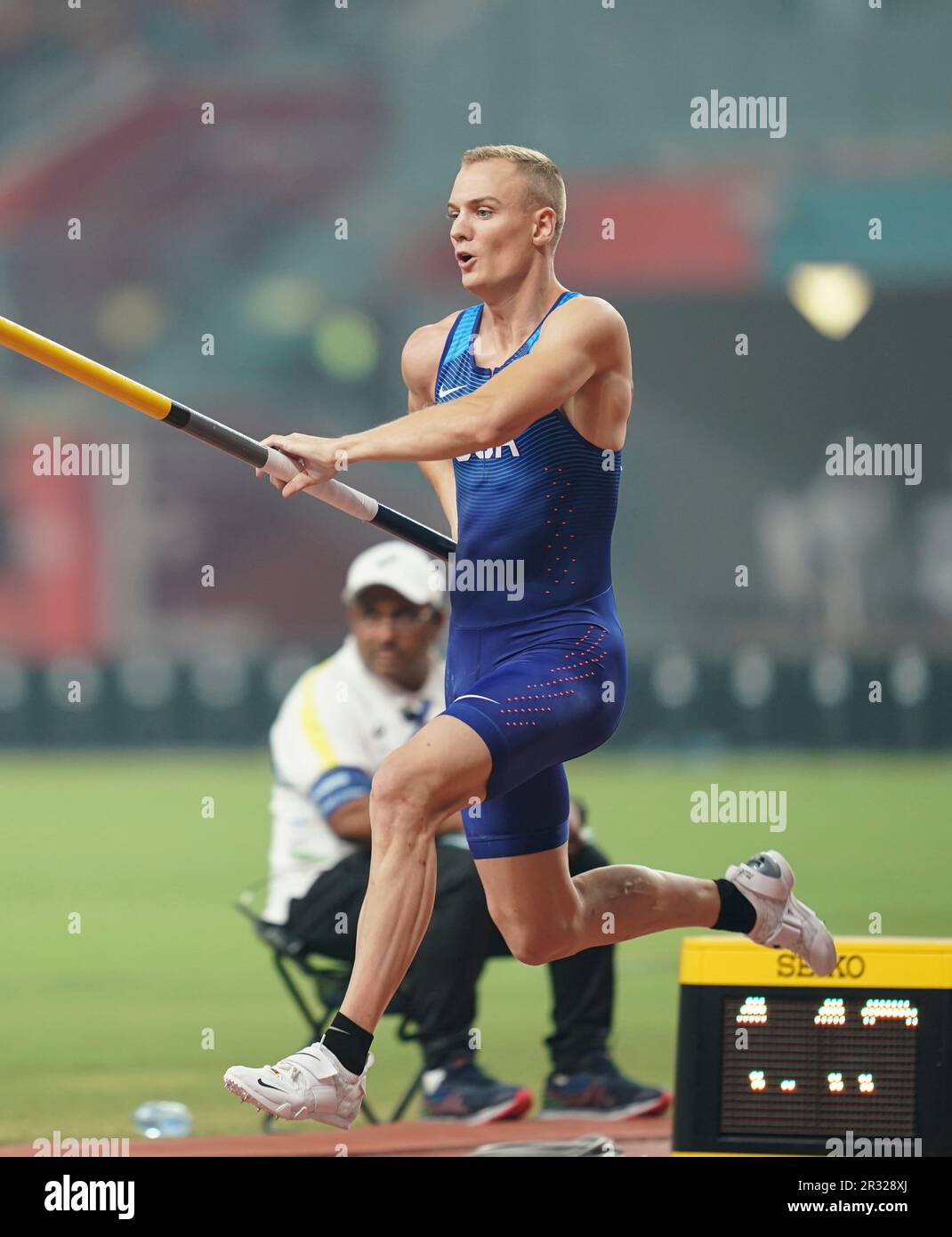 Sam Kendricks participating in the pole vault at the Doha 2019 World ...