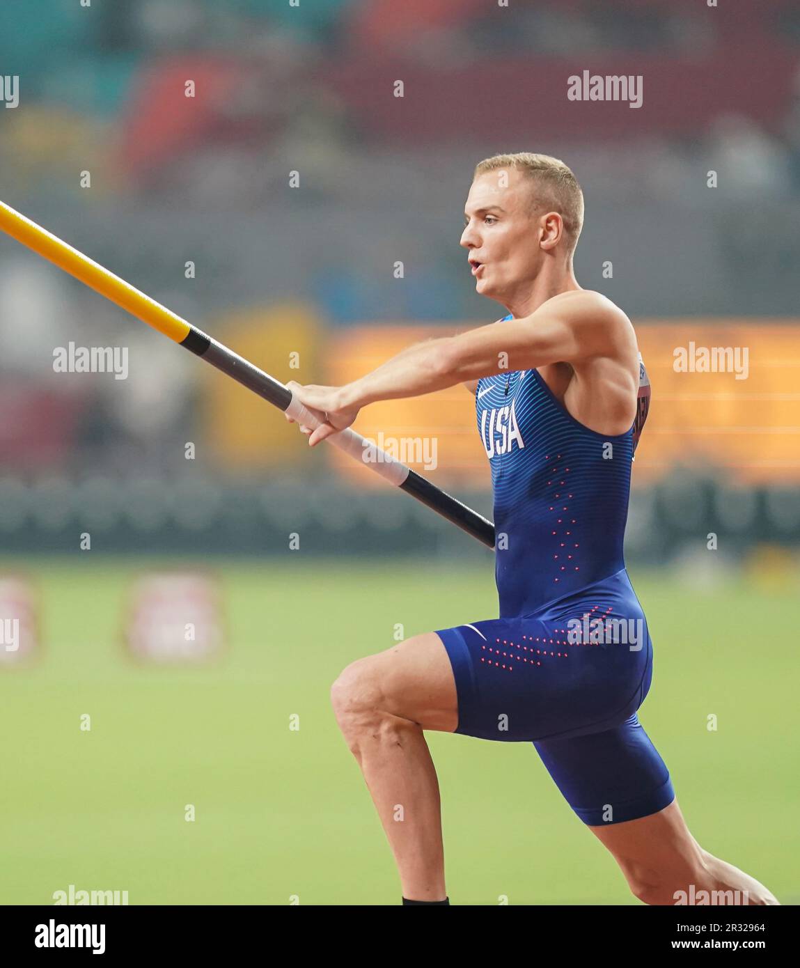 Sam Kendricks participating in the pole vault at the Doha 2019 World ...