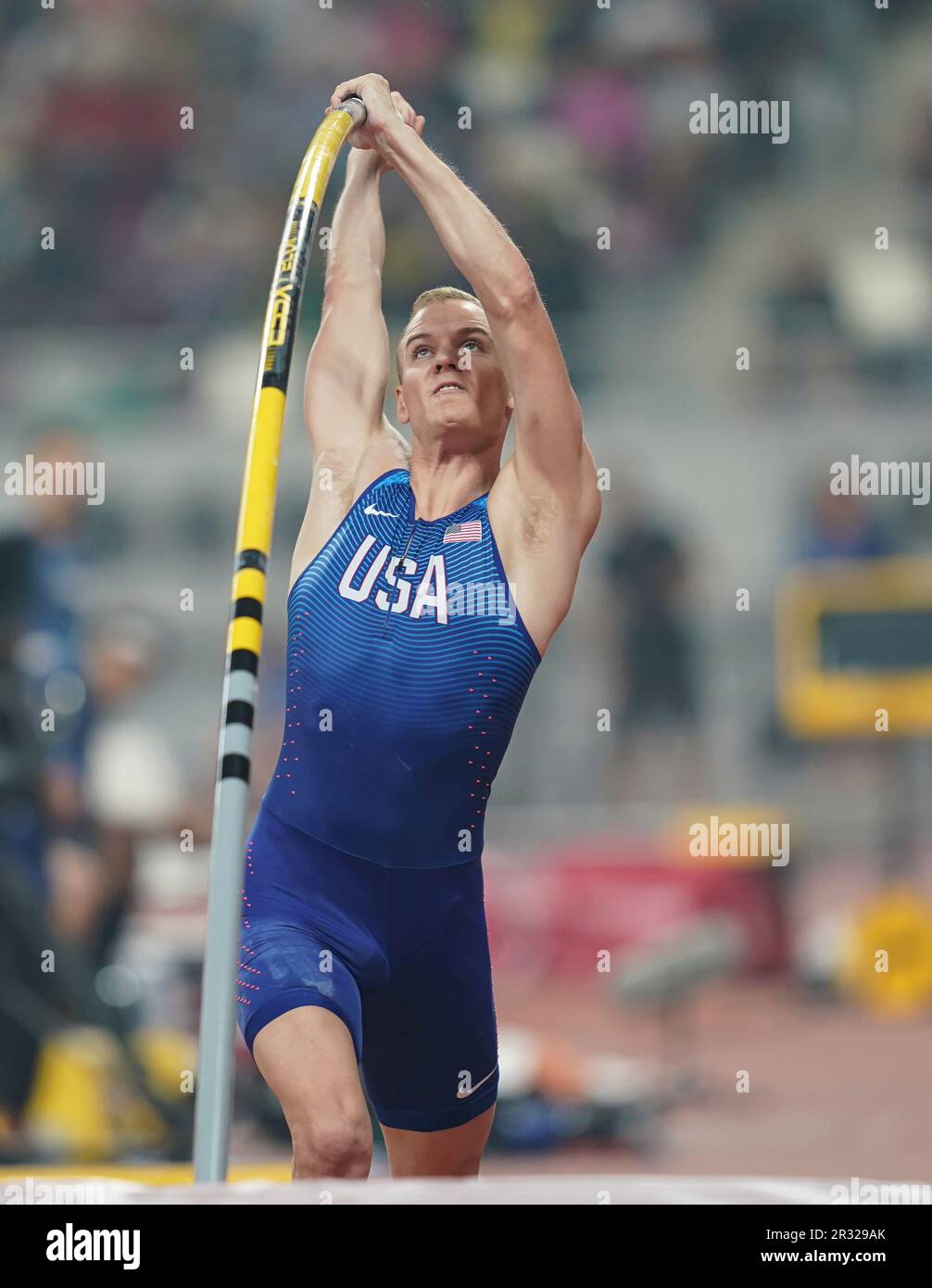 Sam Kendricks participating in the pole vault at the Doha 2019 World ...