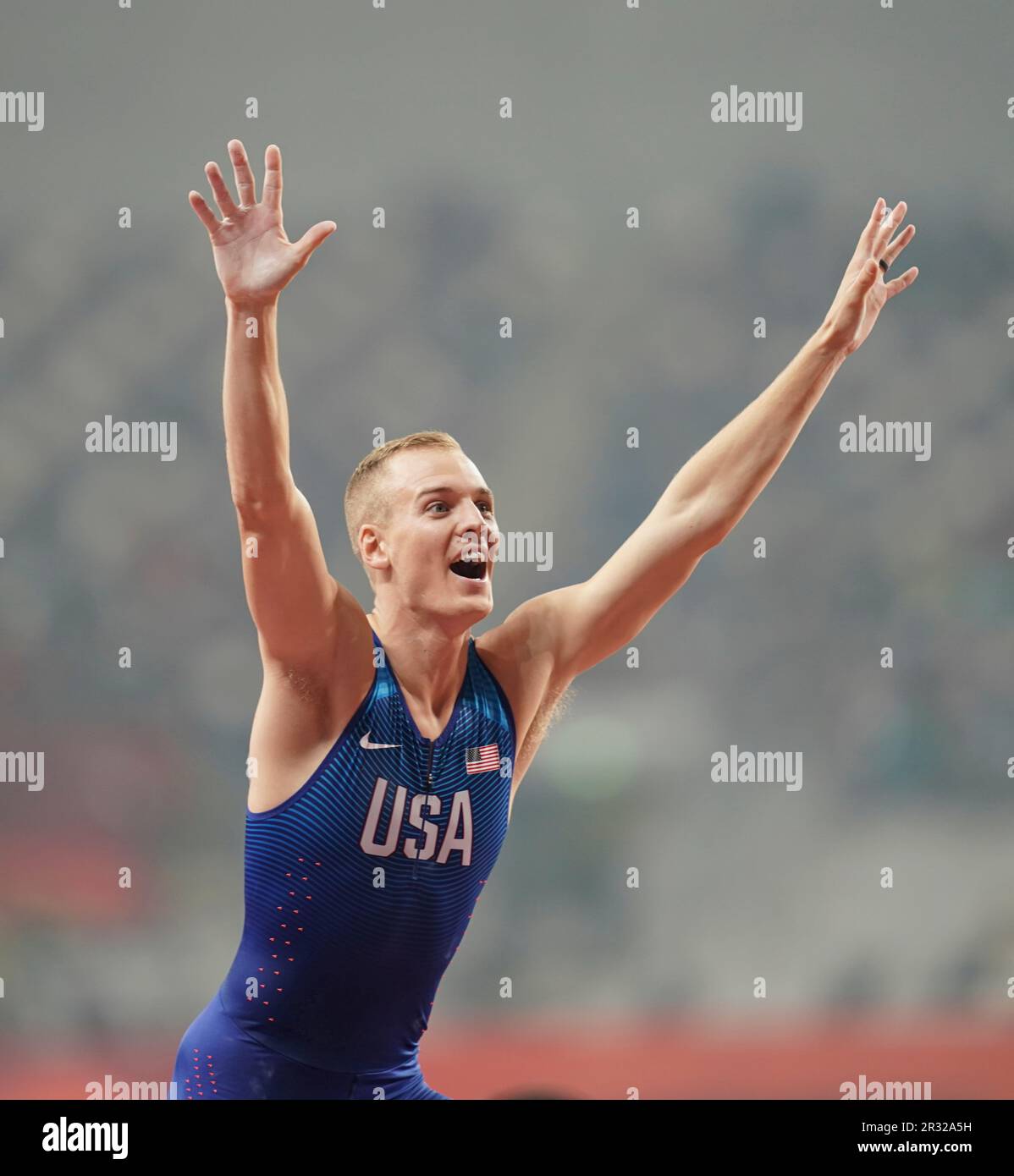 Sam Kendricks participating in the pole vault at the Doha 2019 World ...