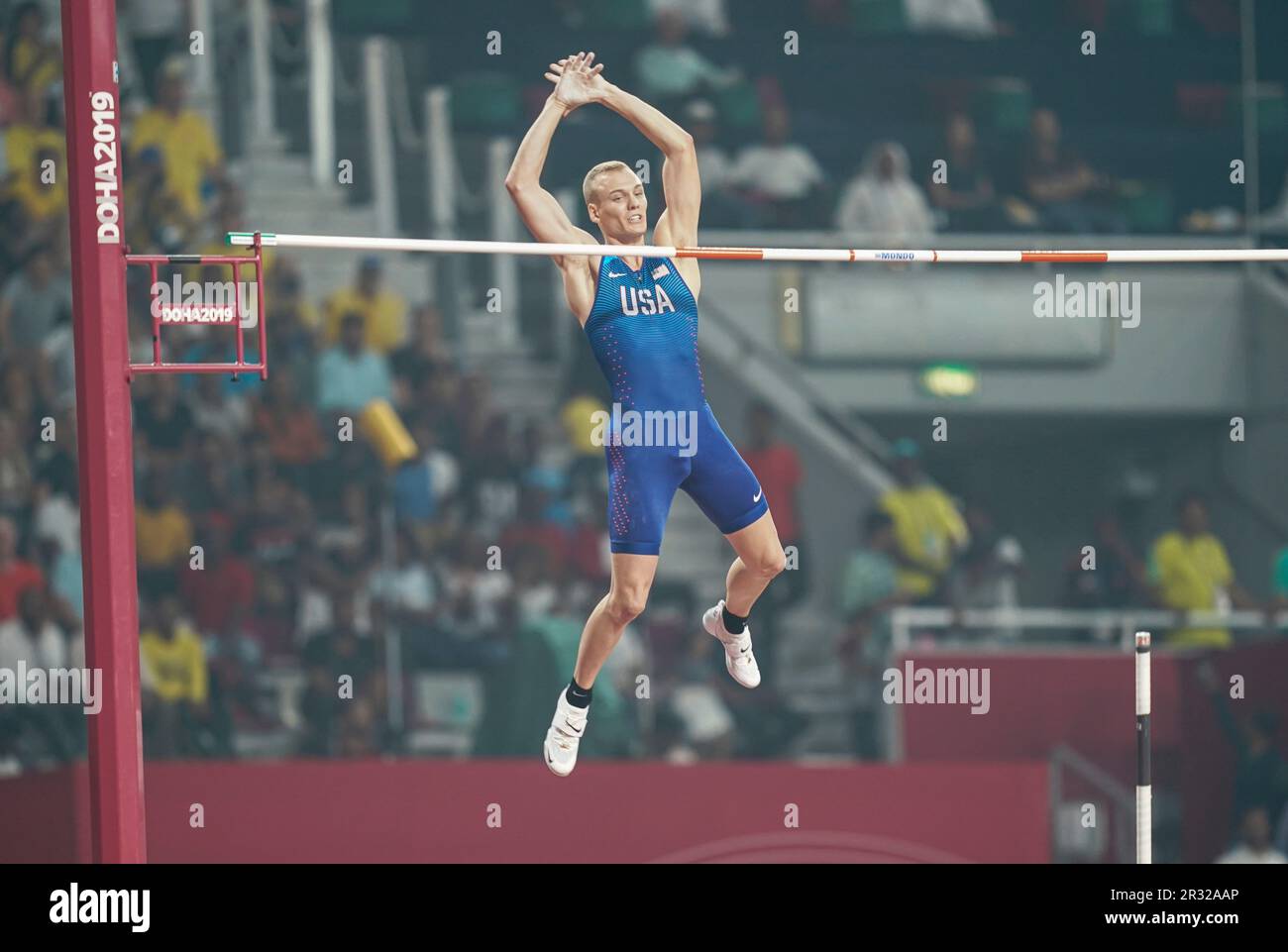 Sam Kendricks participating in the pole vault at the Doha 2019 World ...