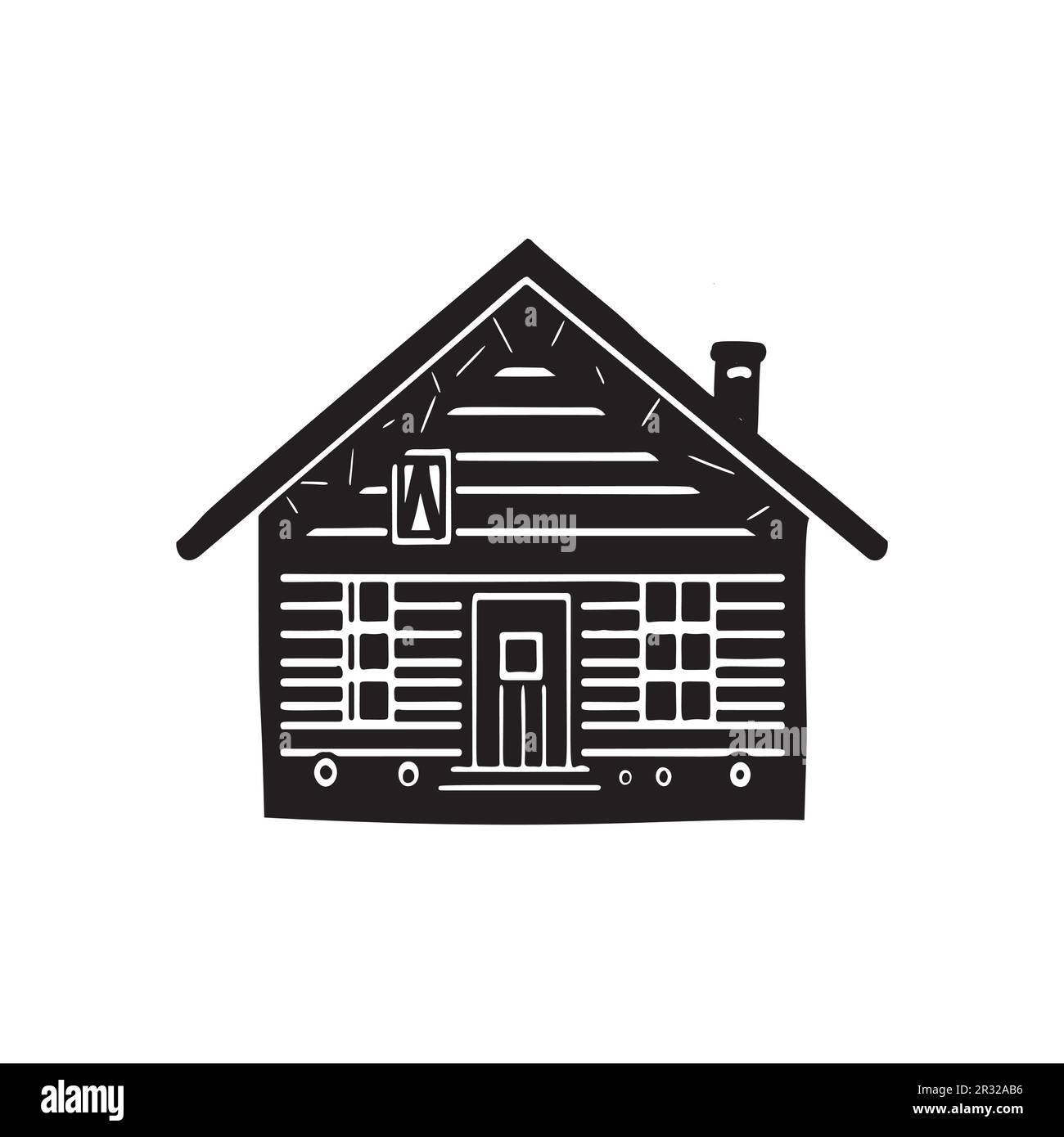 Wooden log cabin in scandi linocut style vector illustration. Alpine ...