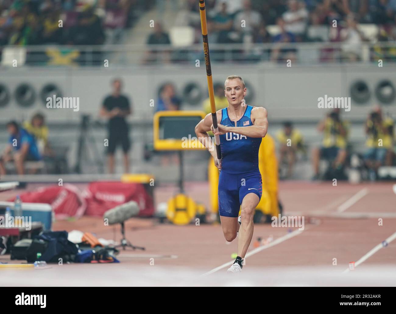 Sam Kendricks participating in the pole vault at the Doha 2019 World ...