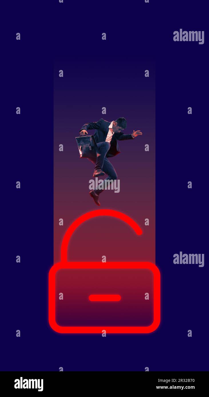 Businessman jumping over giant neon colored lock symbolizing data ...