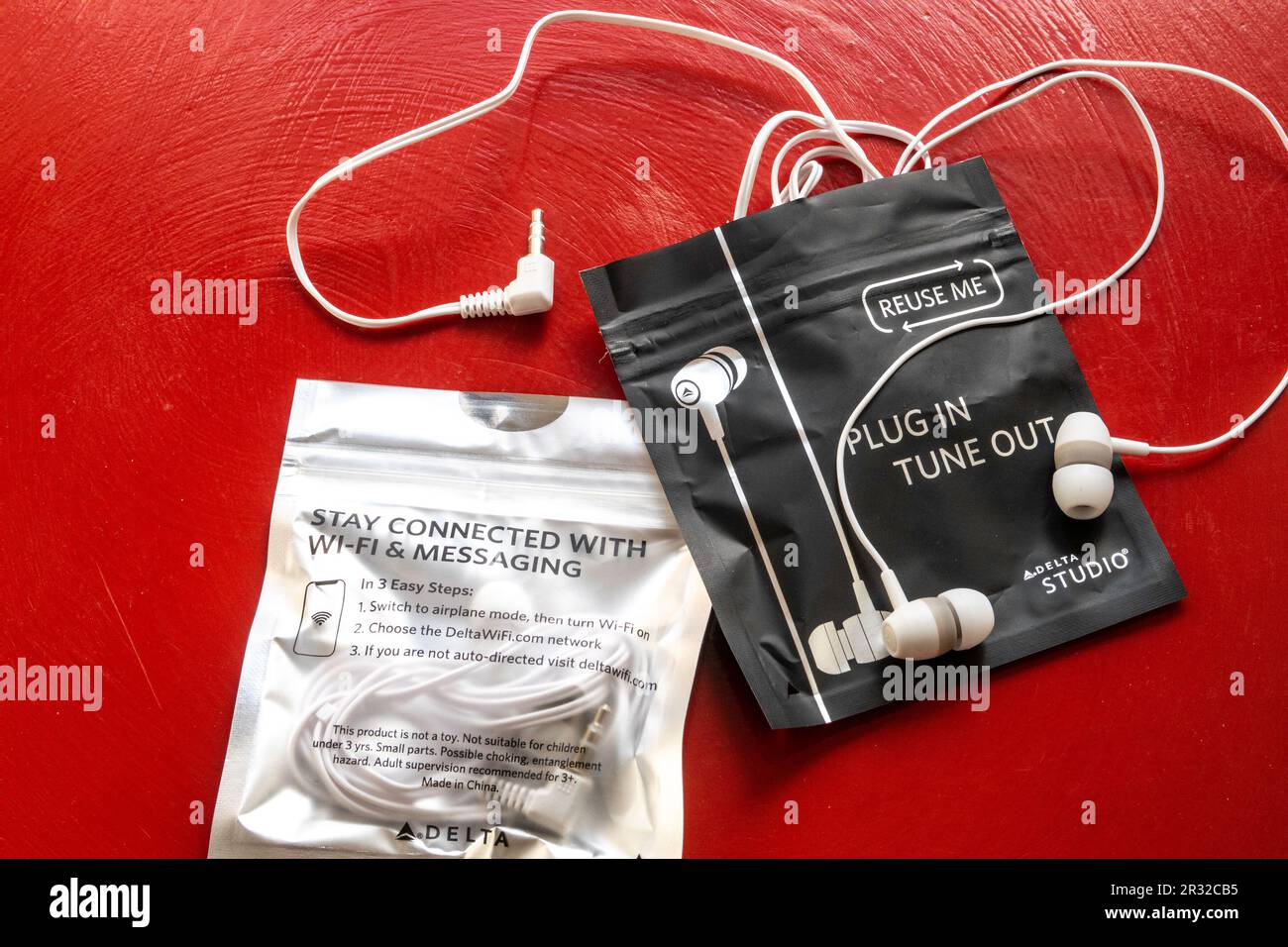 Still life of complementary earbuds from Delta Airlines, 2023, United ...