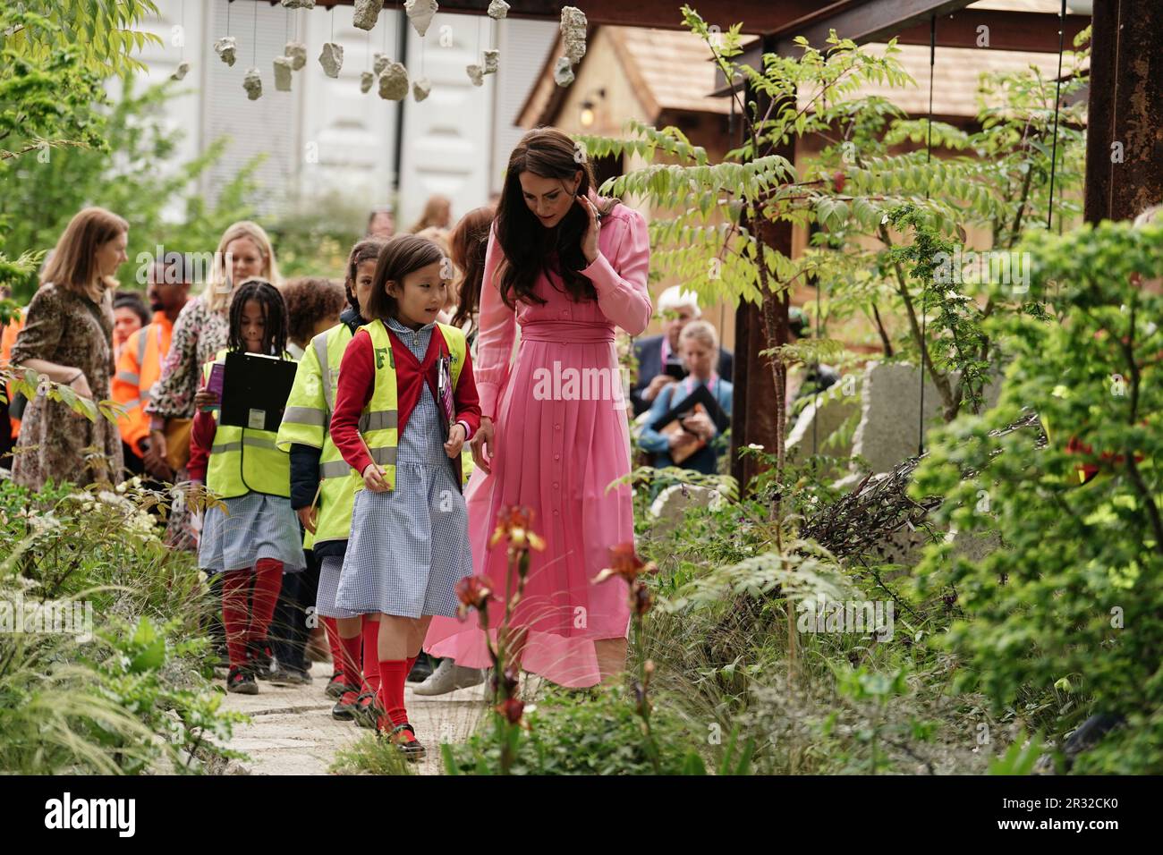 Britain's Kate, Princess of Wales talks with pupils from schools taking ...