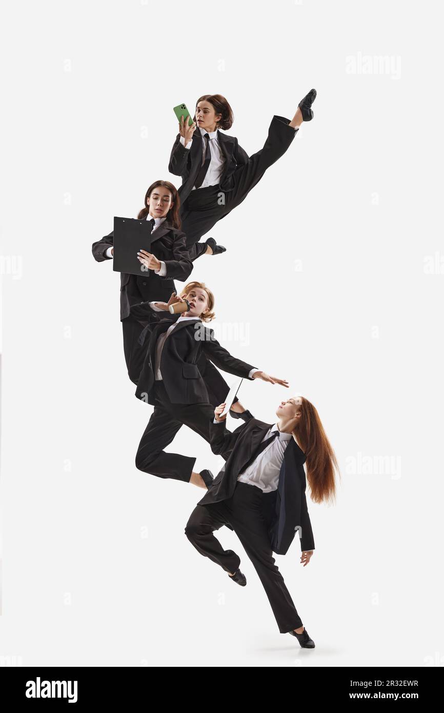 Collage with confident business women in classical suits performing ...