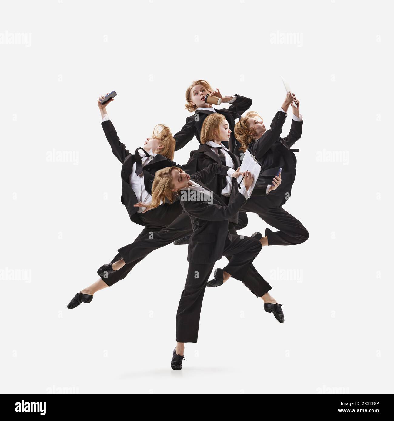 Portrait with busy blond girl, student, ballet dancer in costume ...