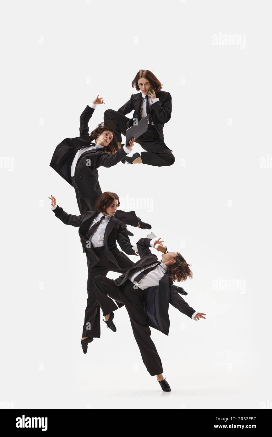 Portrait with busy woman, ballet dancer in costume doing business ...