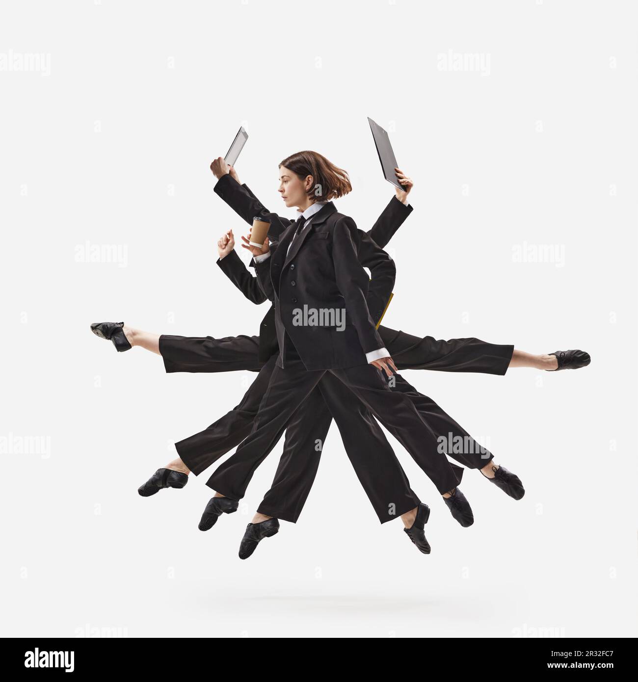 Portrait with busy woman, ballet dancer in costume levitating and ...