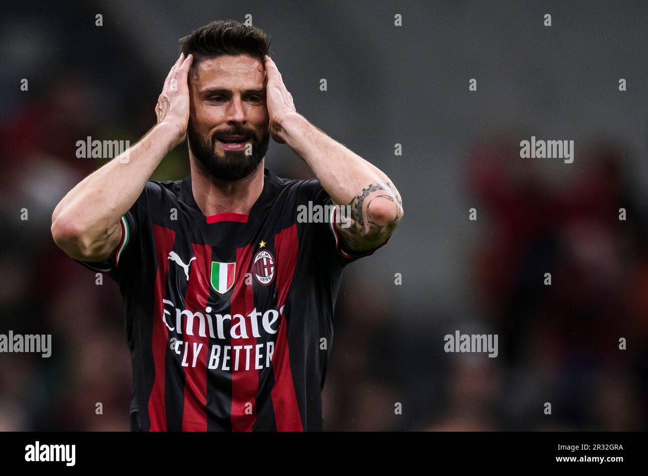 Milan, Italy. 20 May 2023. Olivier Giroud of AC Milan looks dejected ...