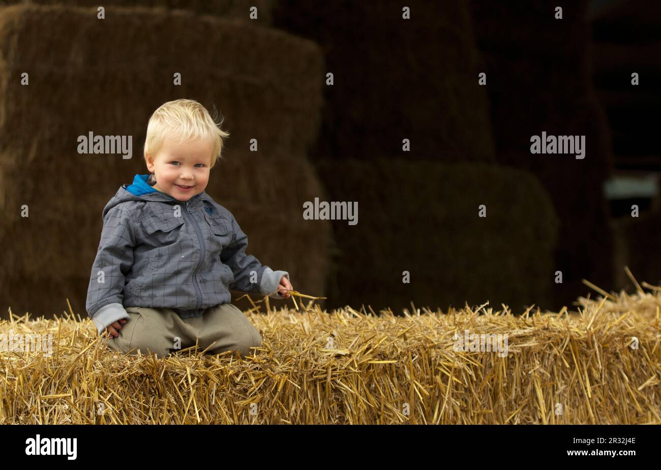 Young boy on hay bales hi-res stock photography and images - Alamy