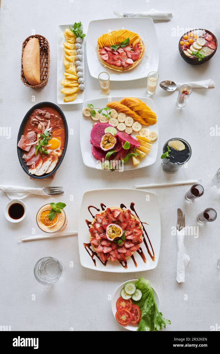 Breakfast served in restaurant for three people, view from above Stock ...