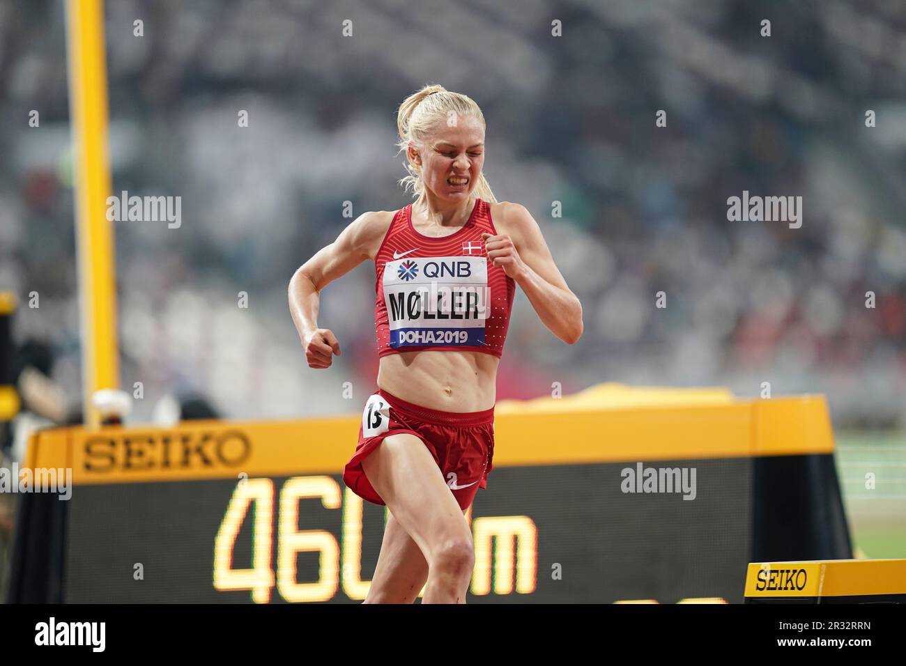 Anna Emilie Møller running the 5000m at the 2019 World Athletics ...