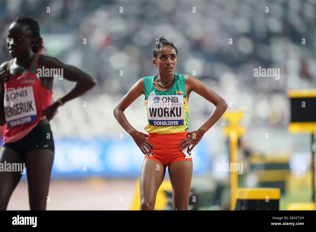 Fantu Worku running the 5000m at the 2019 World Athletics Championships ...