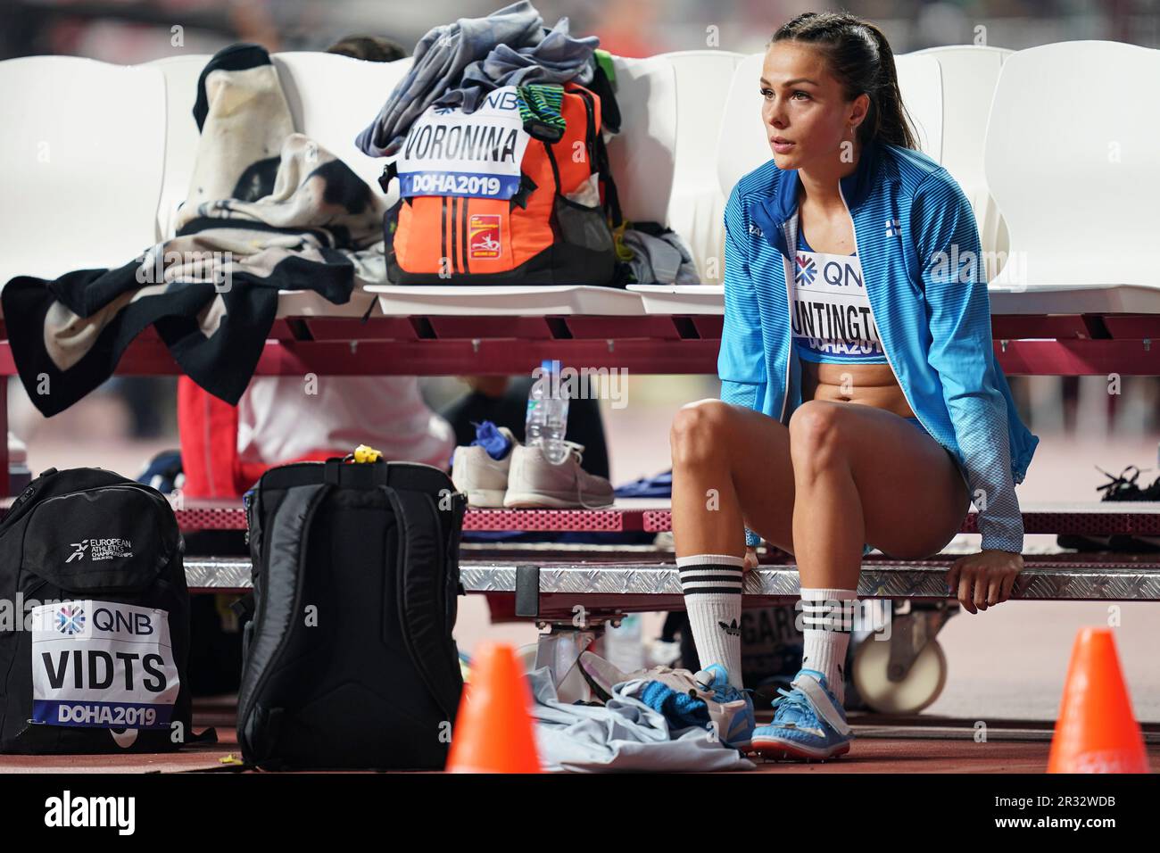 Maria Huntington participating in the heptathlon high jump at the 2019 ...