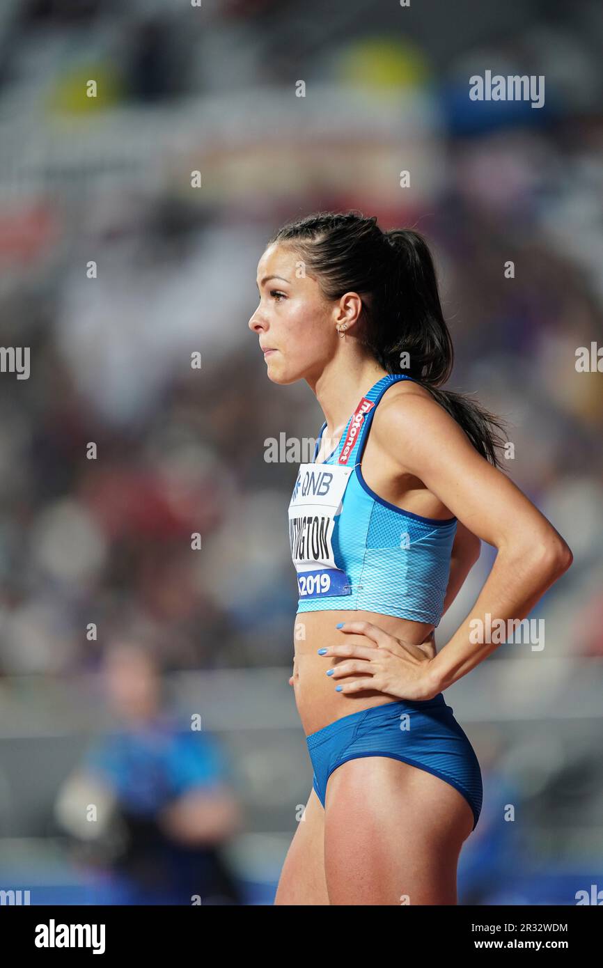 Maria Huntington participating in the heptathlon high jump at the 2019 ...