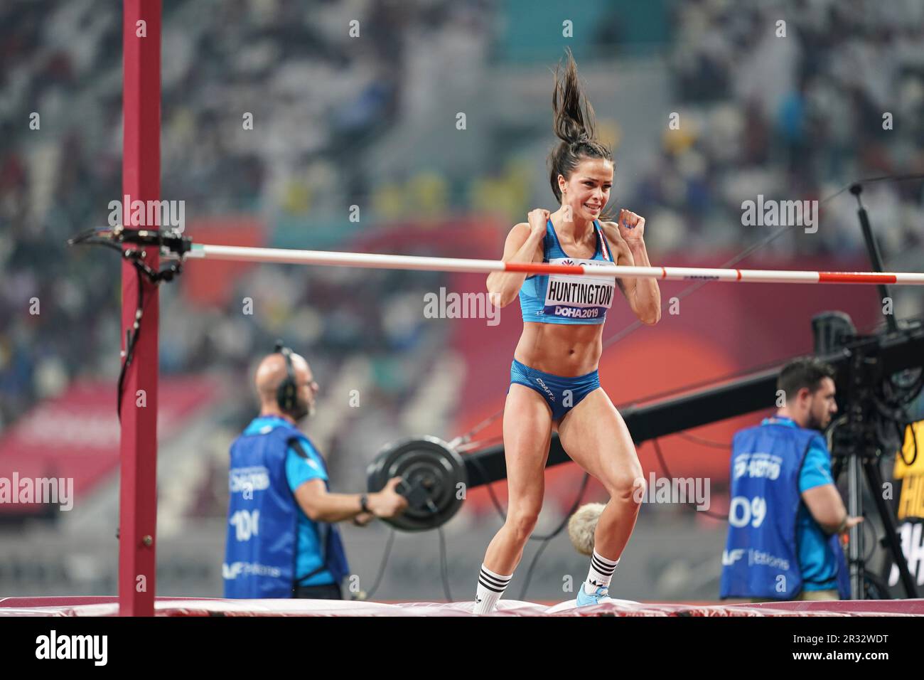 Maria Huntington participating in the heptathlon high jump at the 2019 ...