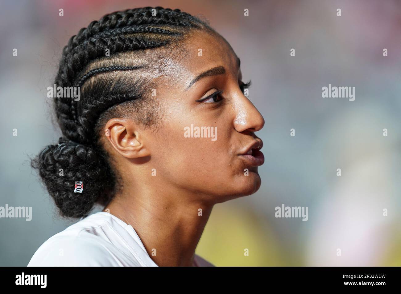 Nafissatou Thiam participating in the heptathlon high jump at the 2019 ...