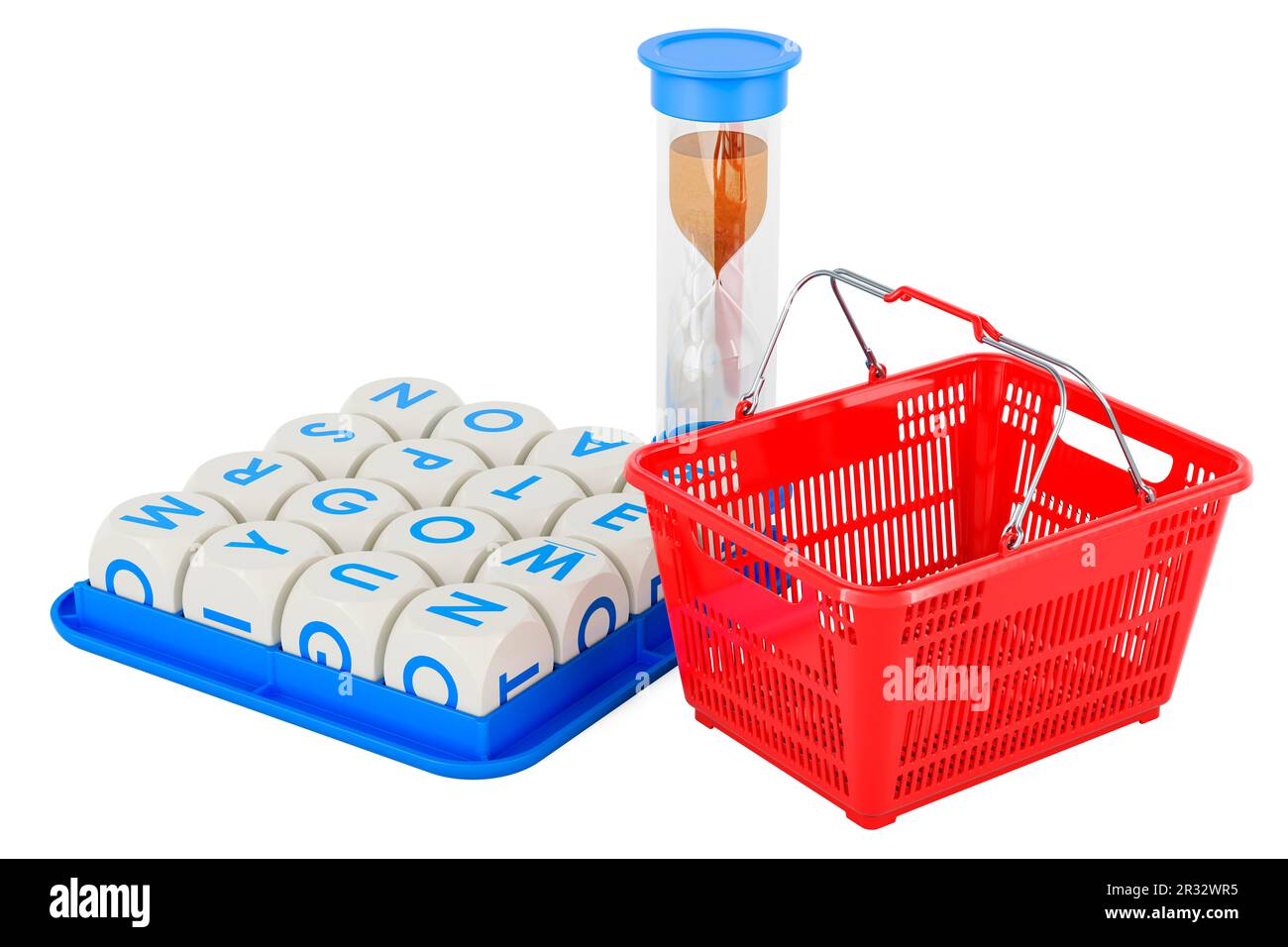 Boggle Board Game with shopping basket. 3D rendering isolated on white ...