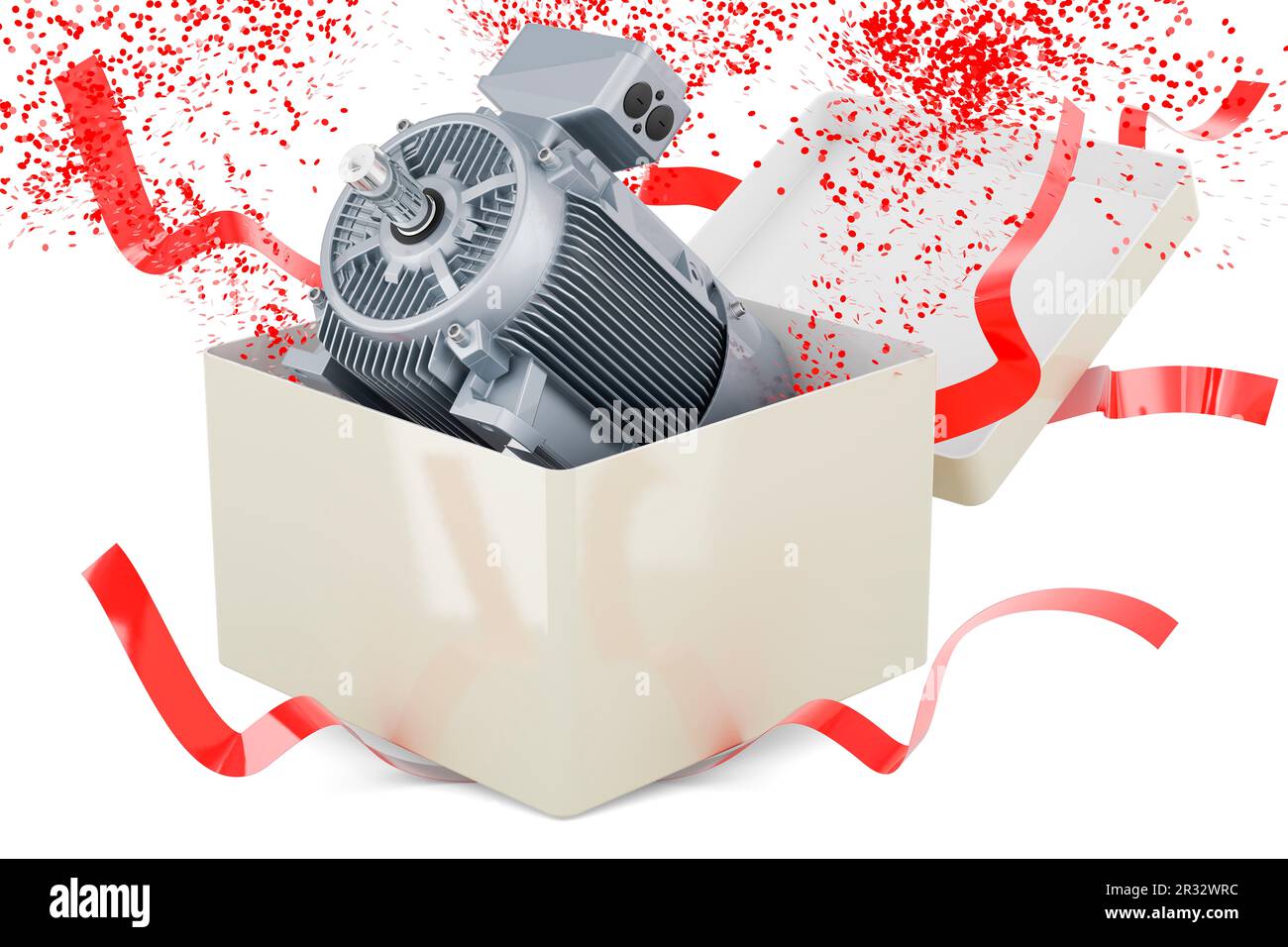 Industrial electric motor inside gift box, 3D rendering isolated on ...