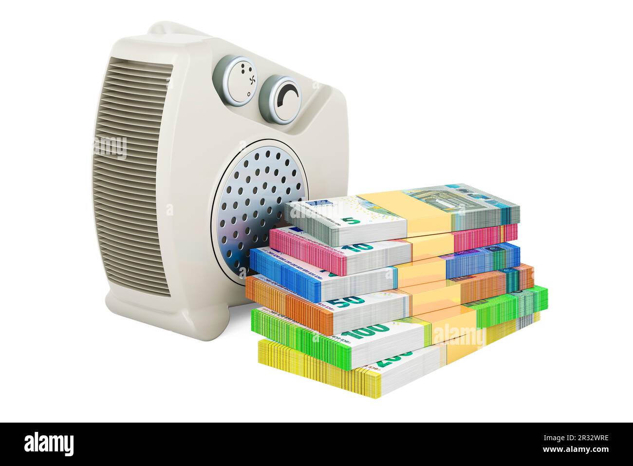 Fan heater with money, euro packs. 3D rendering isolated on white ...
