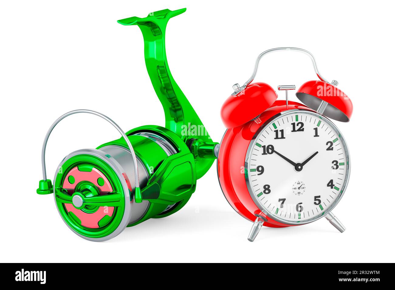 Spinning reel with alarm clock, 3D rendering isolated on white ...