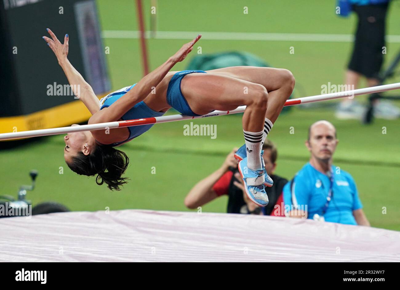 Maria Huntington participating in the heptathlon high jump at the 2019 ...