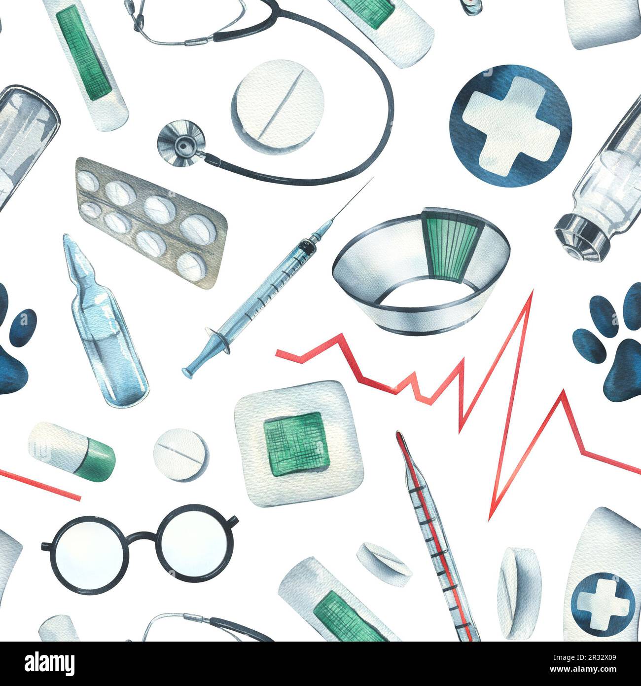 Veterinary medical instruments, medicines, stethoscope, blue cross on a ...
