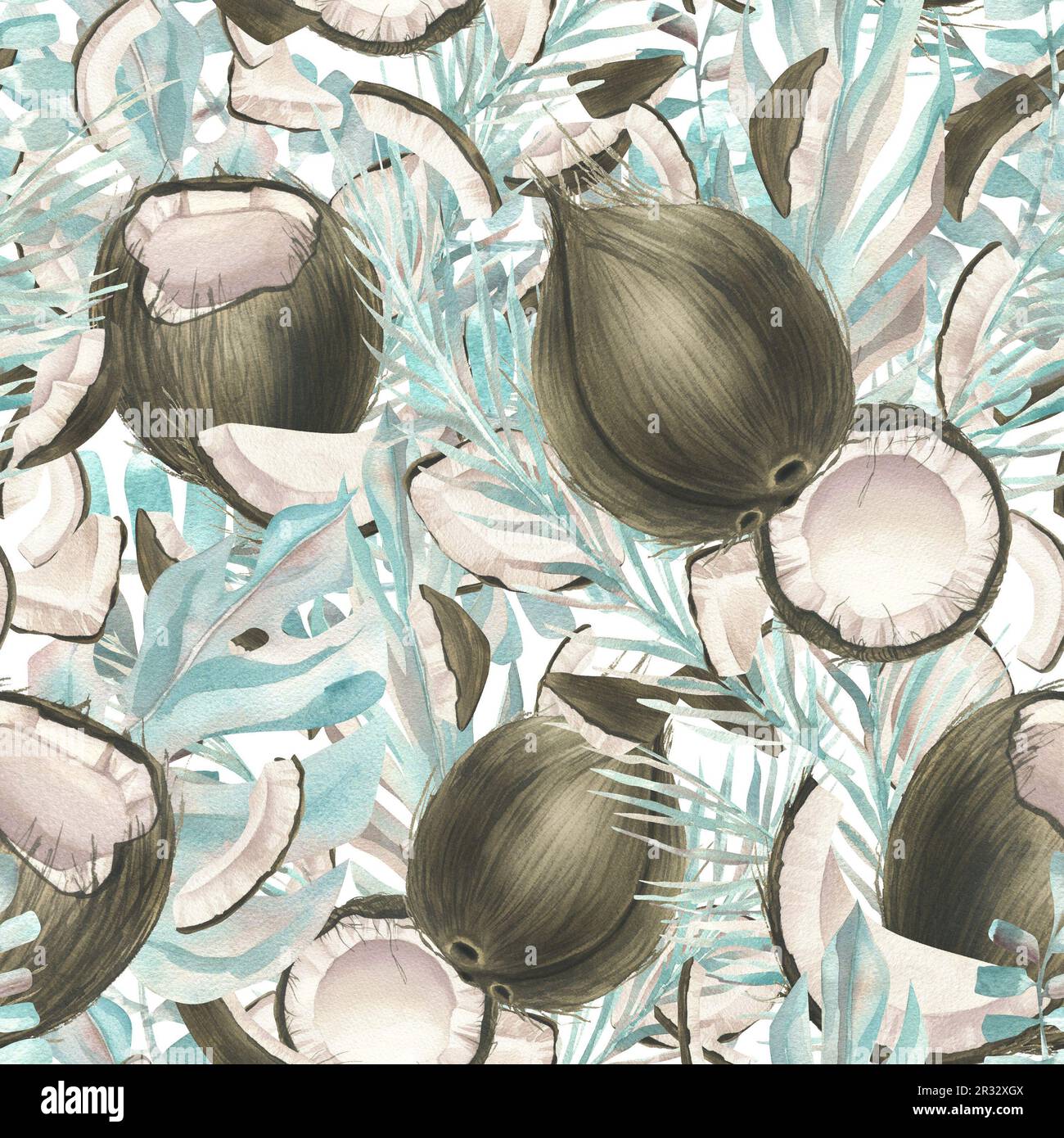 Tropical turquoise leaves with different shapes and pieces of coconut ...