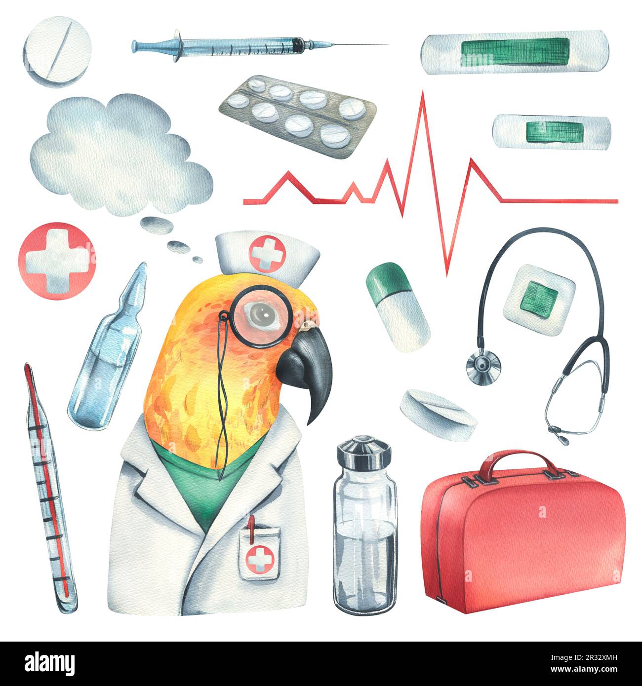 Parrot doctor in a dressing gown, glasses, with a stethoscope, a ...