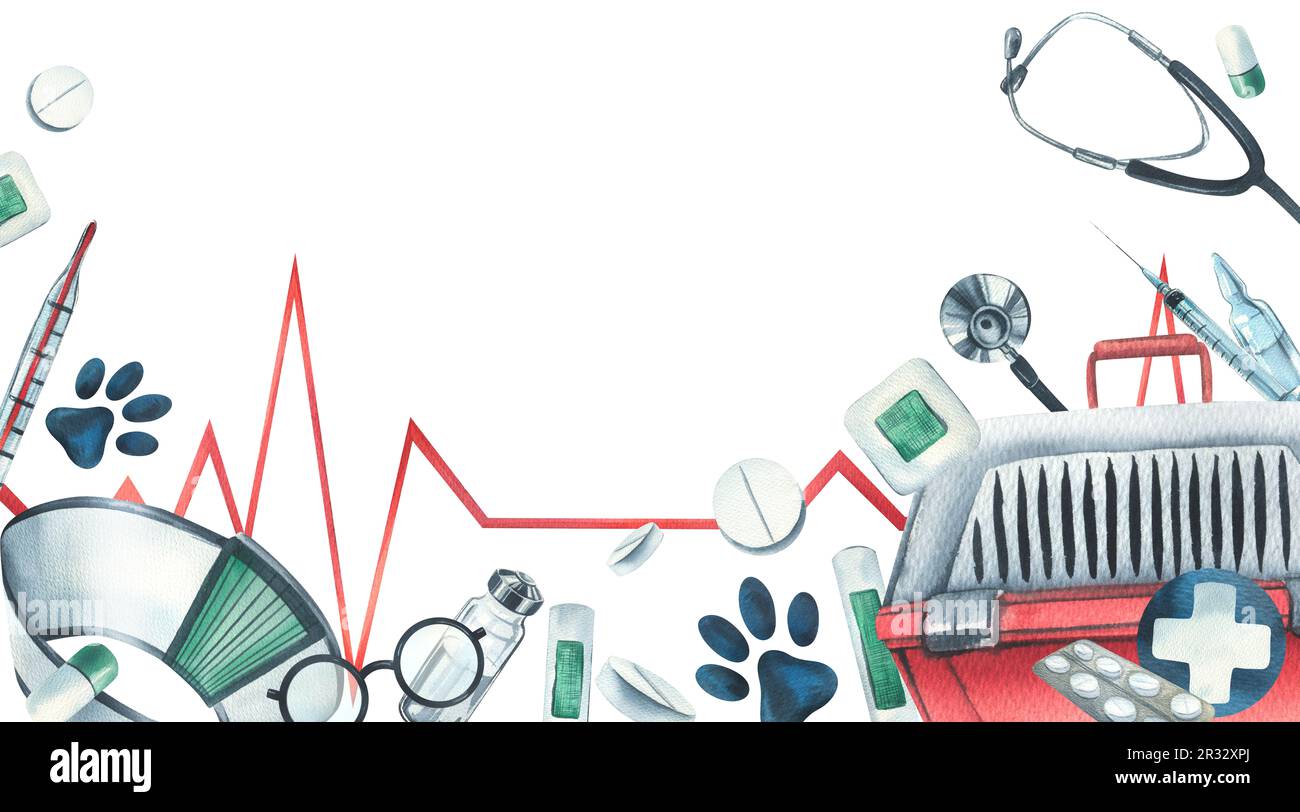 Veterinary equipment. Watercolor illustration. Horizontal template on a ...