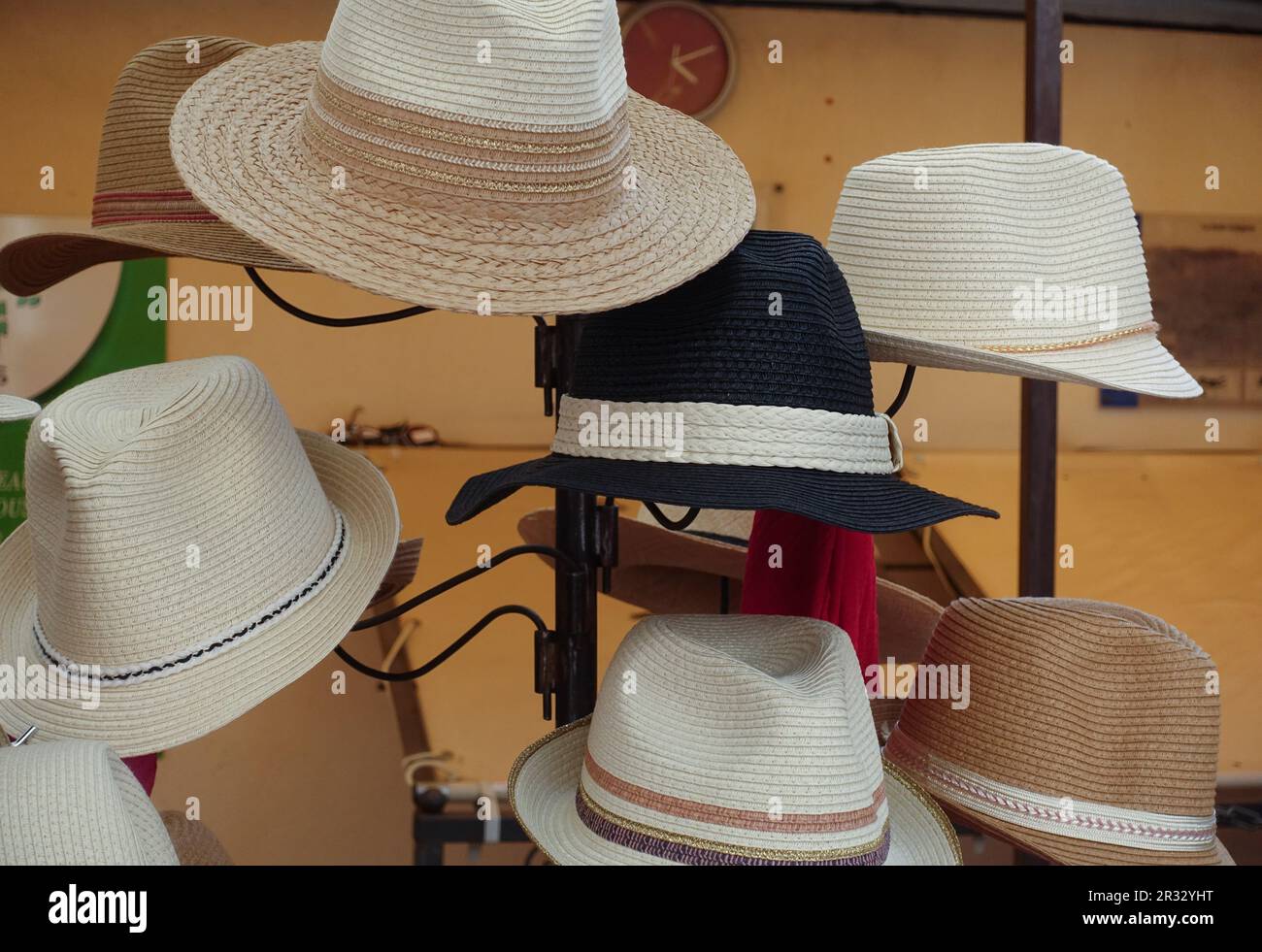 Various hats in the window of a hatshop in France hat, material, shop ...