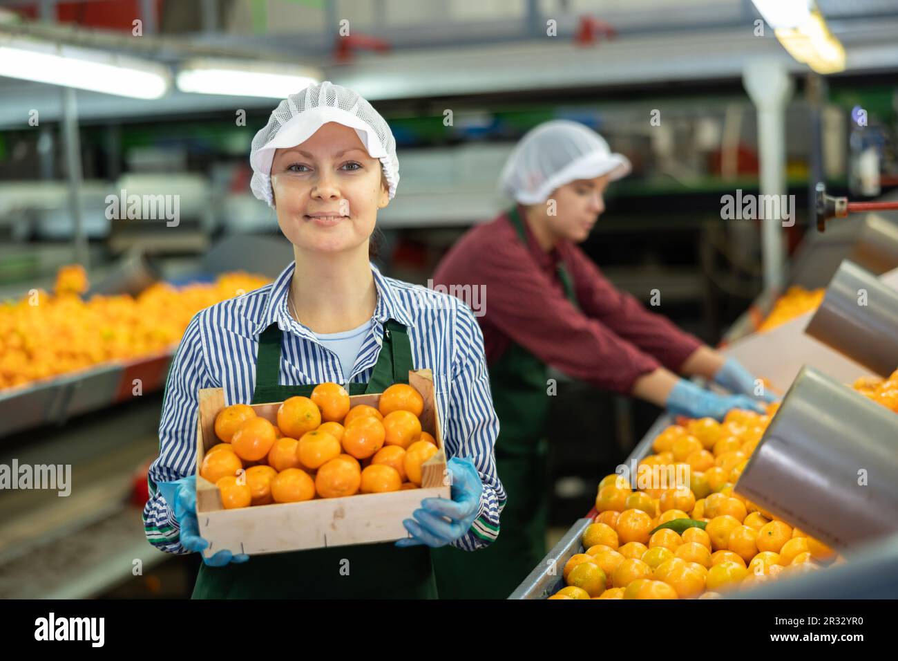 Glad positive female employee in colored uniforms hold a box of fresh ...