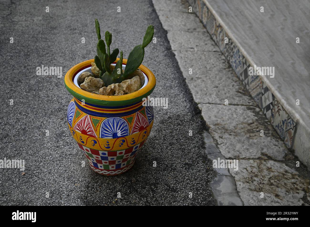 Traditional colorful hand painted Majolica glazed ceramic pots with ...