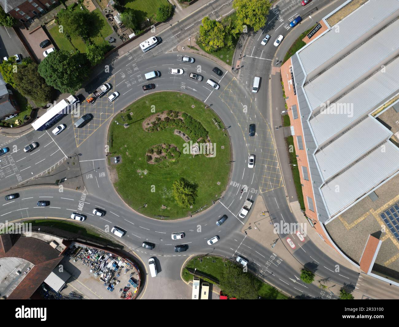 Aerial view of a roundabout and traffic on the A49 trunk road as it ...