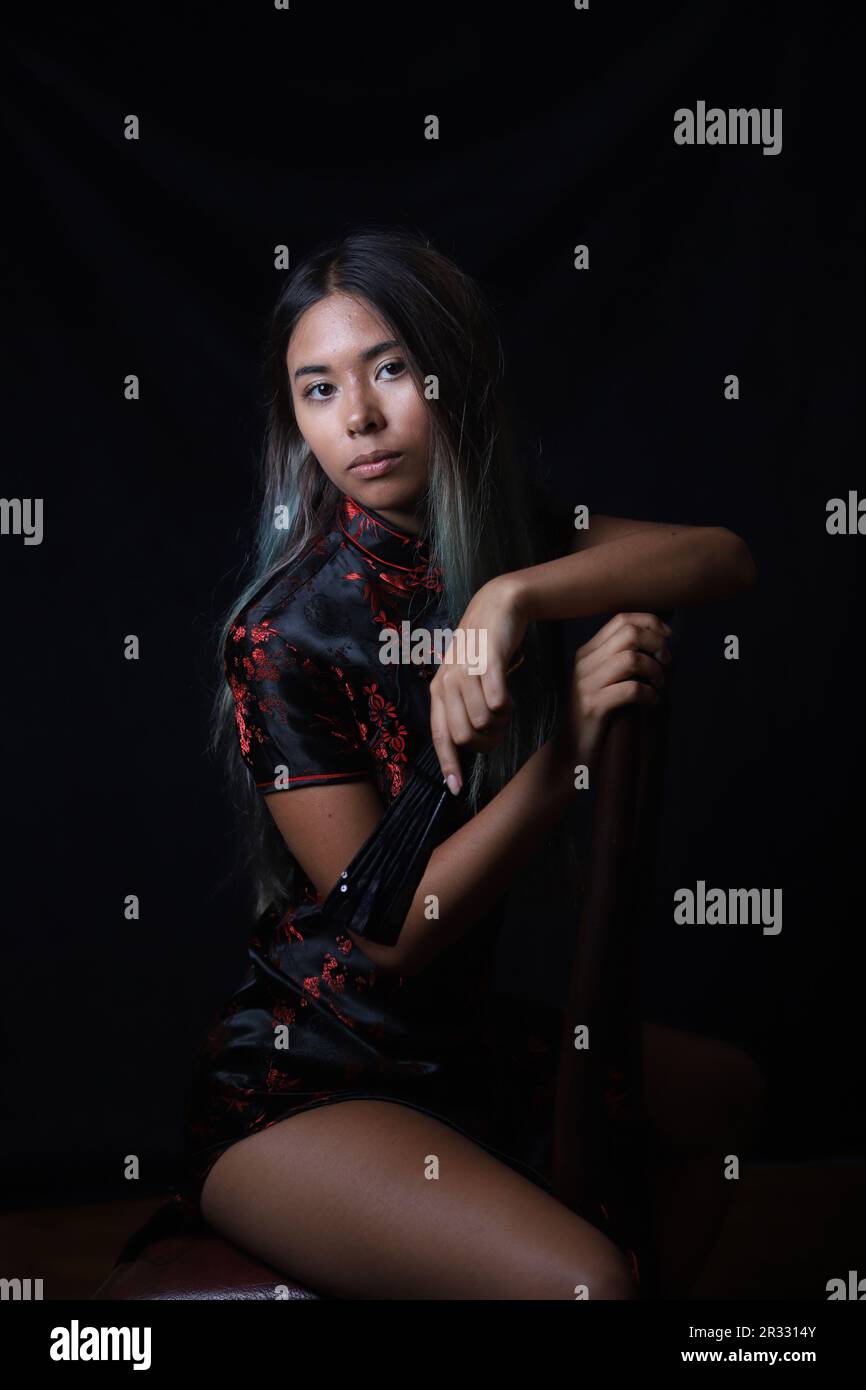 Female model with a Japanese kimono and Spanish abanico. Female ...