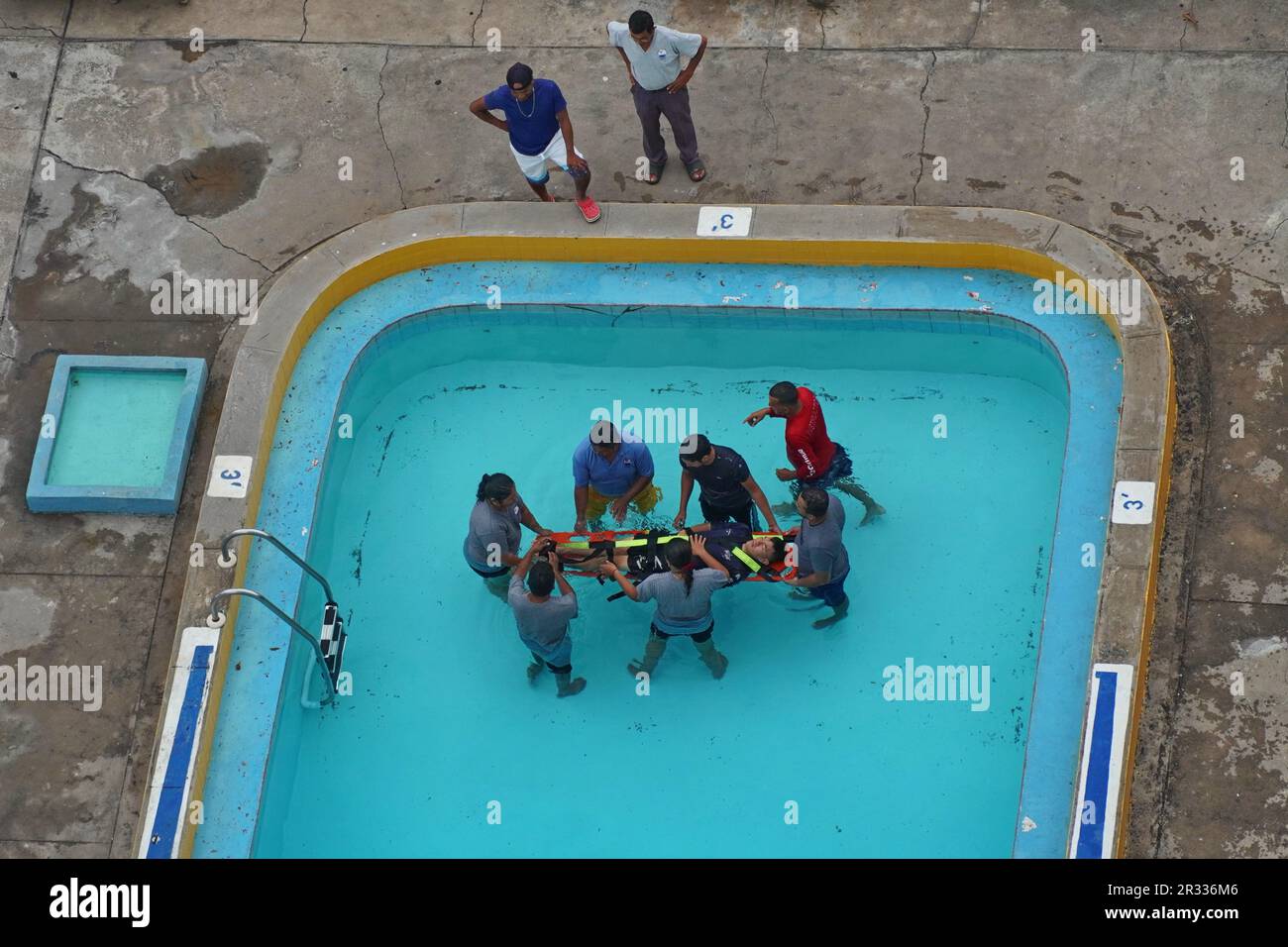 Swimming pool rescue with back board ,training exercise for life guards ...