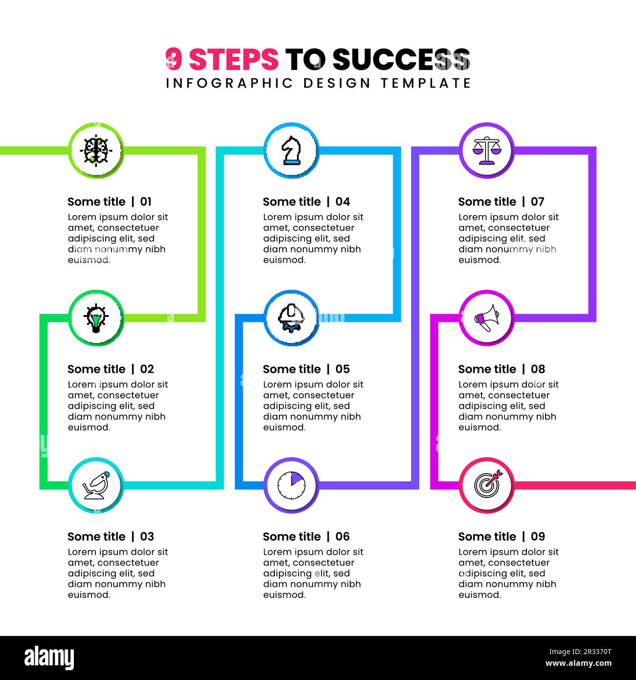 Infographic template with icons and 9 options or steps. Path to success. Can be used for ...
